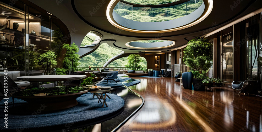 Modern ECO home interior design with garden decor. Interior design of ...