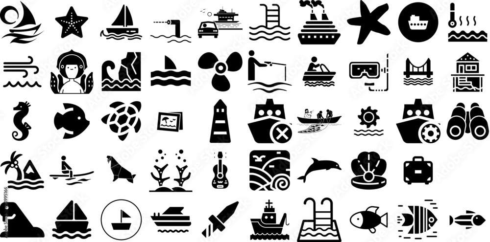 Massive Set Of Sea Icons Set Isolated Vector Signs Creature, Tortoise ...
