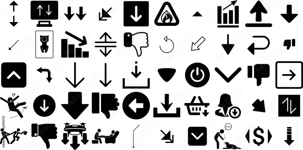 Mega Collection Of Down Icons Pack Hand-Drawn Linear Simple Pictograms ...