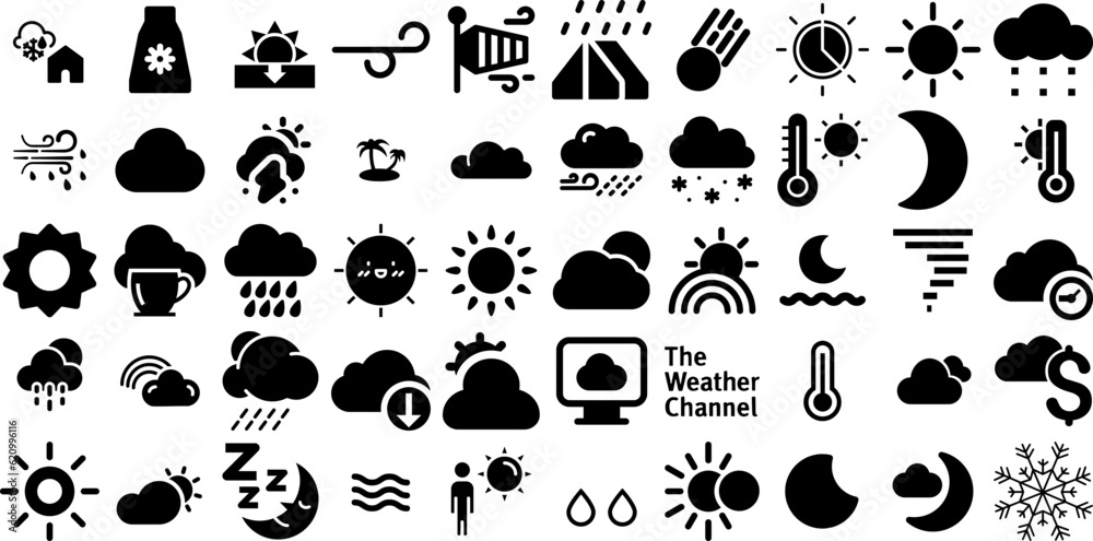 Huge Set Of Weather Icons Collection Black Modern Silhouette Forecast ...