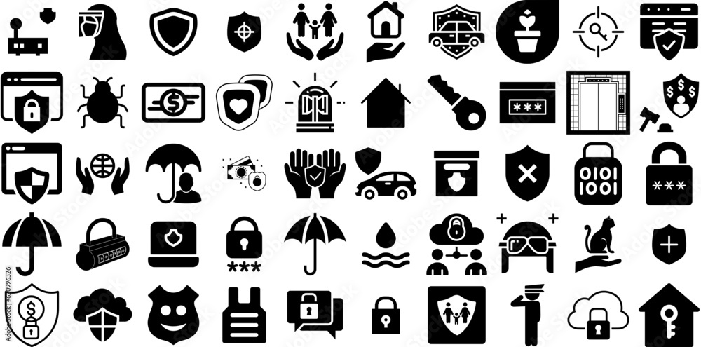 Massive Set Of Protection Icons Pack Hand-Drawn Solid Modern Pictograms ...