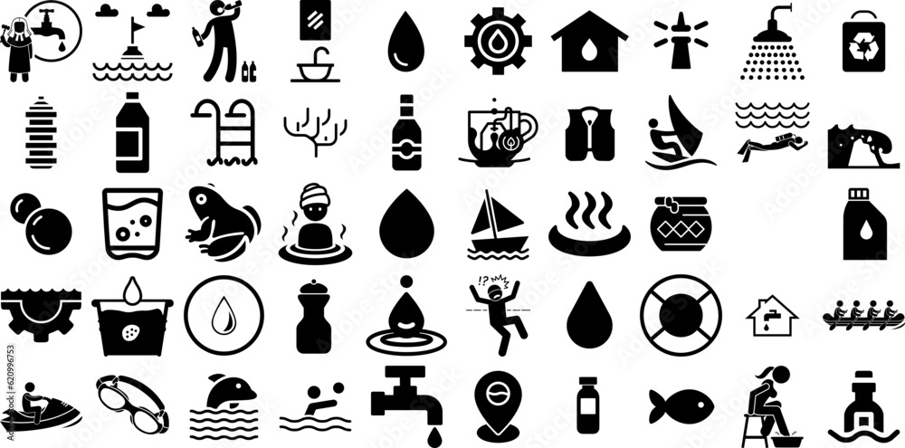 Huge Collection Of Water Icons Bundle Black Concept Silhouette Yacht ...