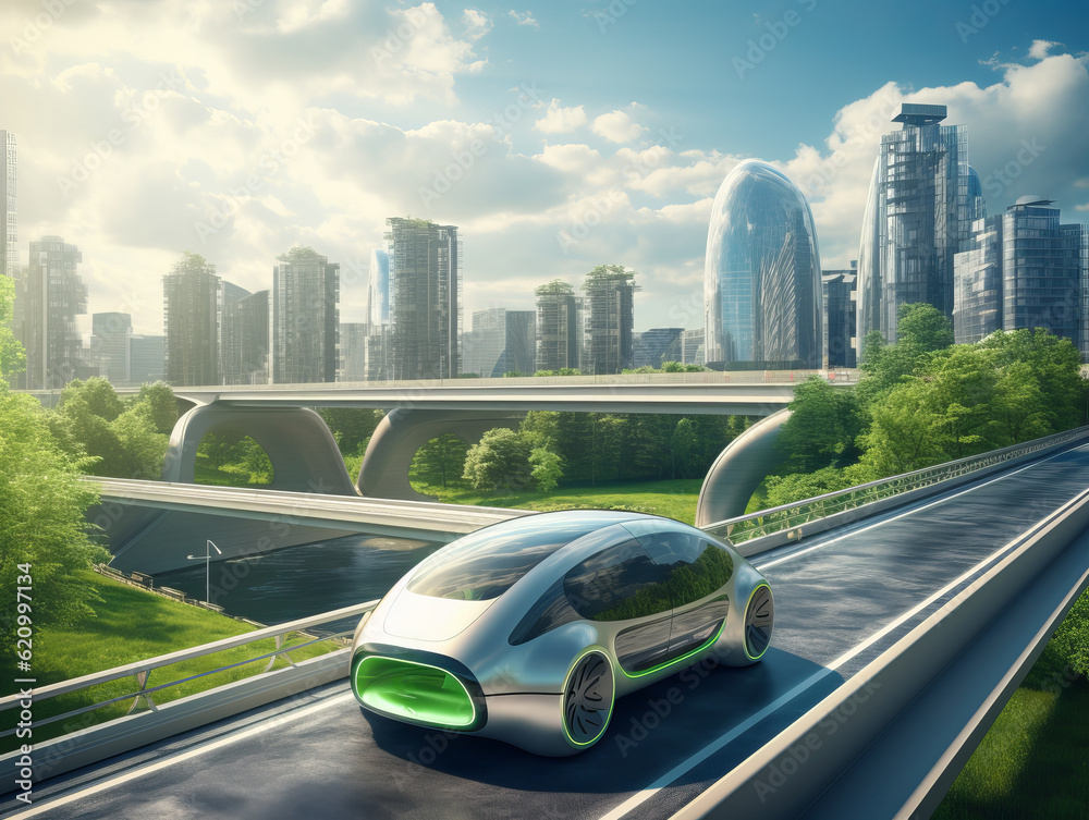 Ecological electric car on the background of the city of the future ...