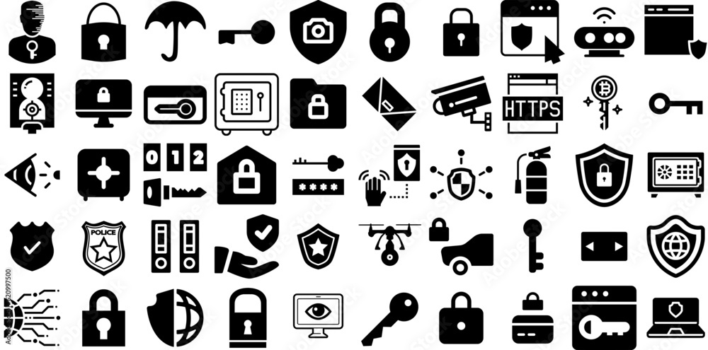 Big Set Of Security Icons Bundle Solid Drawing Pictogram Mark, Tool ...