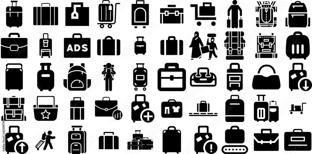 Big Set Of Baggage Icons Pack Hand-Drawn Solid Design Pictograms Icon ...