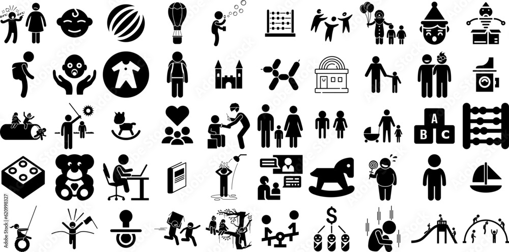 Huge Set Of Children Icons Pack Isolated Design Glyphs People ...