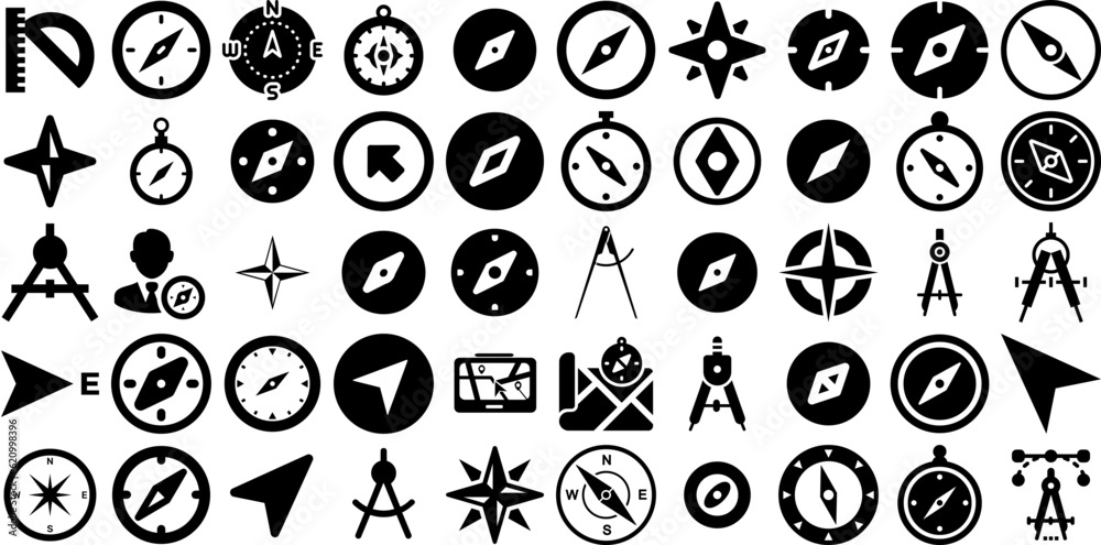 Massive Set Of Compass Icons Pack Linear Simple Pictograms Icon, Tool, Symbol, Windrose Element ...
