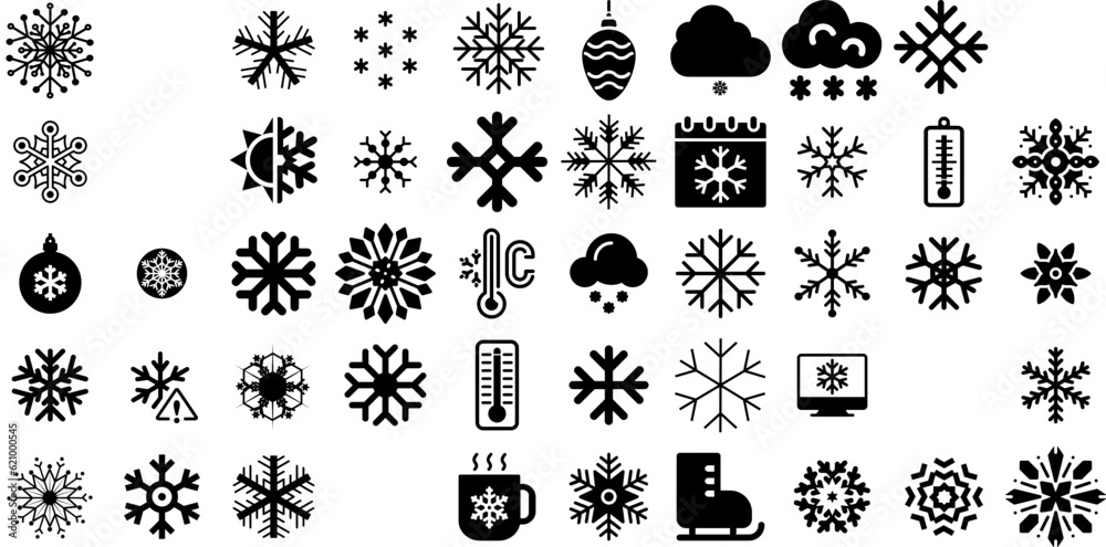 Mega Set Of Snowflake Icons Collection Solid Drawing Silhouette ...