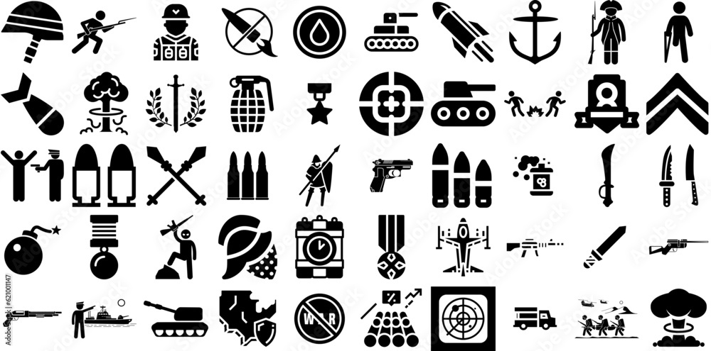 Big Set Of War Icons Pack Solid Vector Clip Art Footed, Silhouette ...