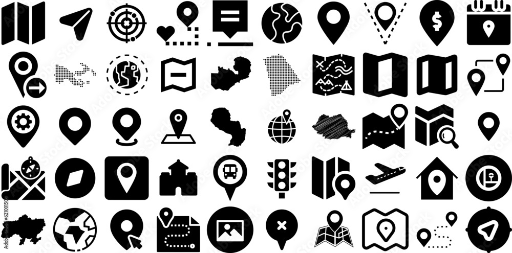 Big Collection Of Map Icons Bundle Hand-Drawn Black Cartoon Silhouettes ...