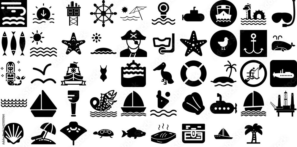 Huge Collection Of Sea Icons Bundle Linear Cartoon Pictogram Creature ...