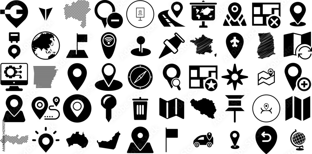 Massive Collection Of Map Icons Set Flat Infographic Glyphs Mark, Three ...
