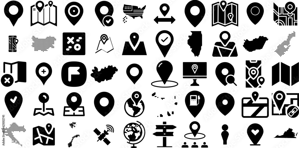 Mega Collection Of Map Icons Set Hand-Drawn Solid Modern Symbols ...