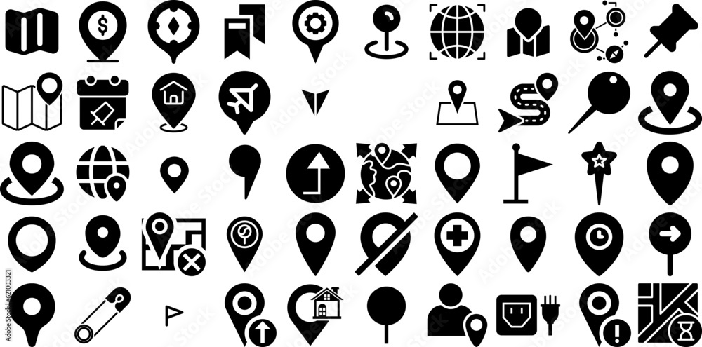 Huge Set Of Pin Icons Collection Black Vector Pictograms Pointer ...