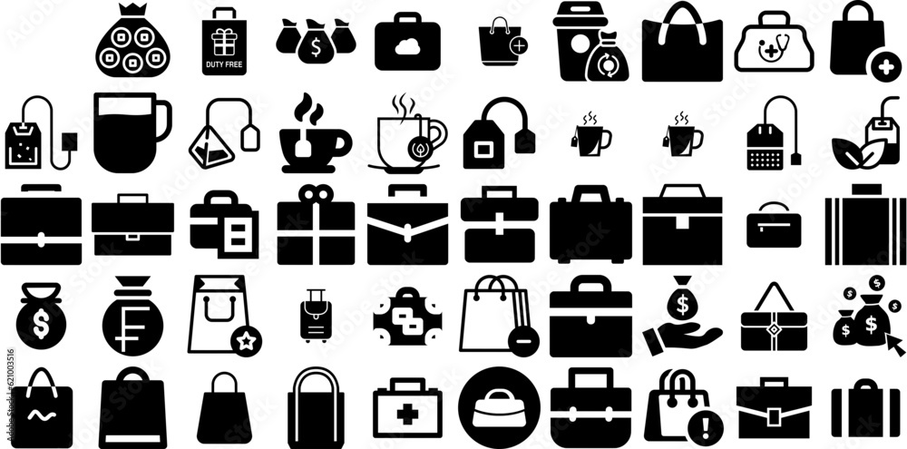 Mega Set Of Bag Icons Pack Flat Design Glyphs Goodie, Investment ...