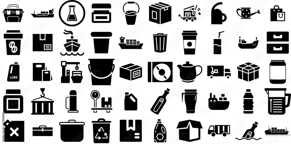 Mega Set Of Container Icons Bundle Flat Concept Glyphs Baggage, Cask ...