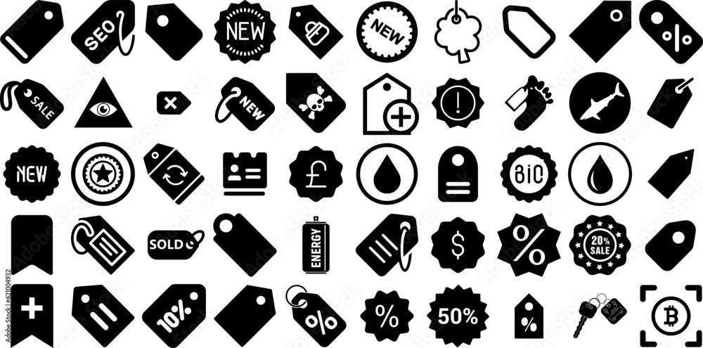 Huge Set Of Label Icons Bundle Solid Drawing Silhouette Glistering ...