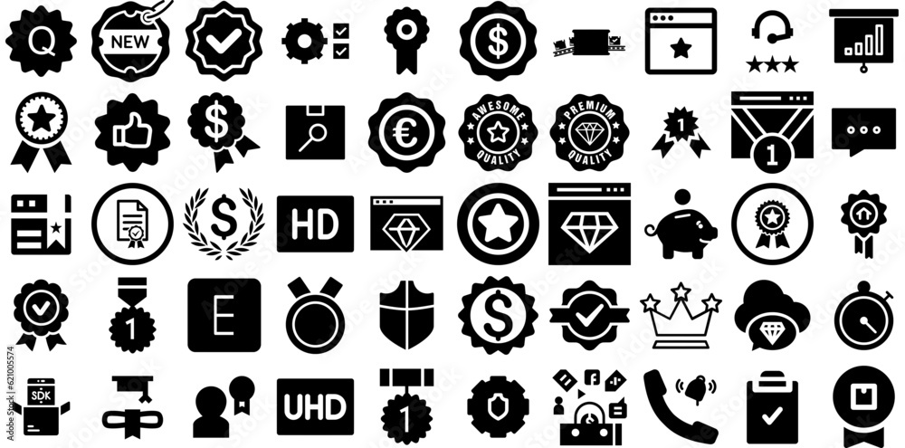 Big Set Of Quality Icons Bundle Isolated Cartoon Pictograms Certified ...