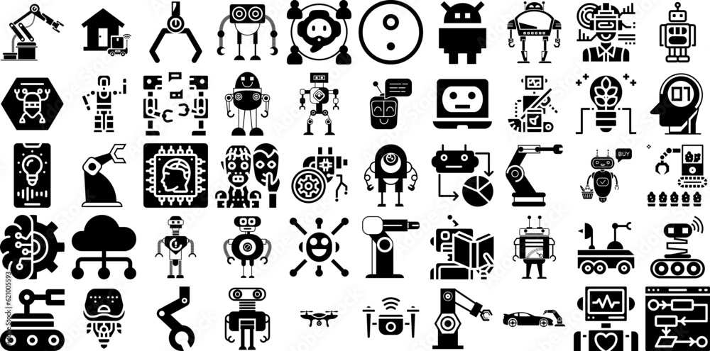 Massive Collection Of Robot Icons Collection Hand-Drawn Isolated Vector ...