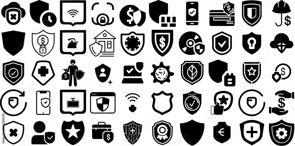 Mega Set Of Shield Icons Set Flat Design Silhouette Mark, Icon, Badge ...
