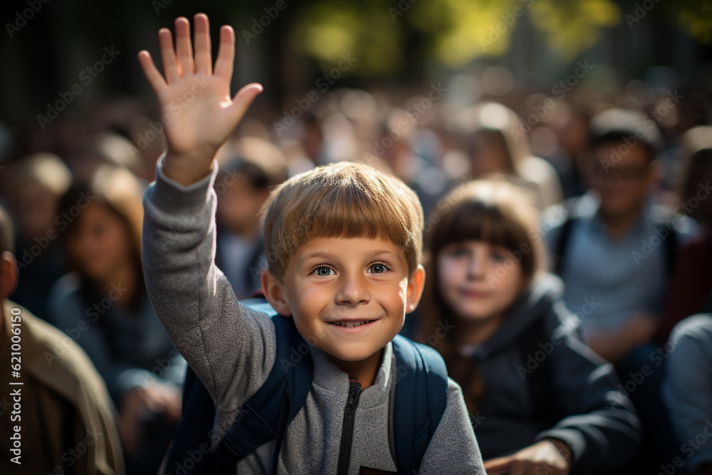 Students raising their hands to answer a question during class ...