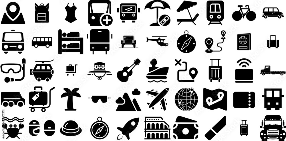 Massive Set Of Travel Icons Bundle Solid Concept Pictograms Silhouette ...