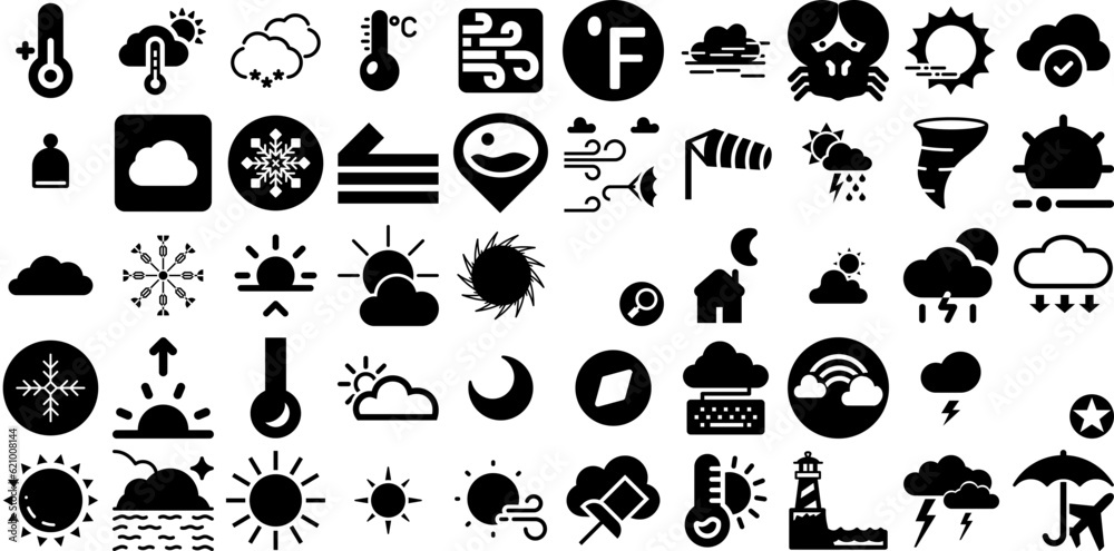 Massive Set Of Weather Icons Collection Linear Cartoon Pictogram Symbol ...