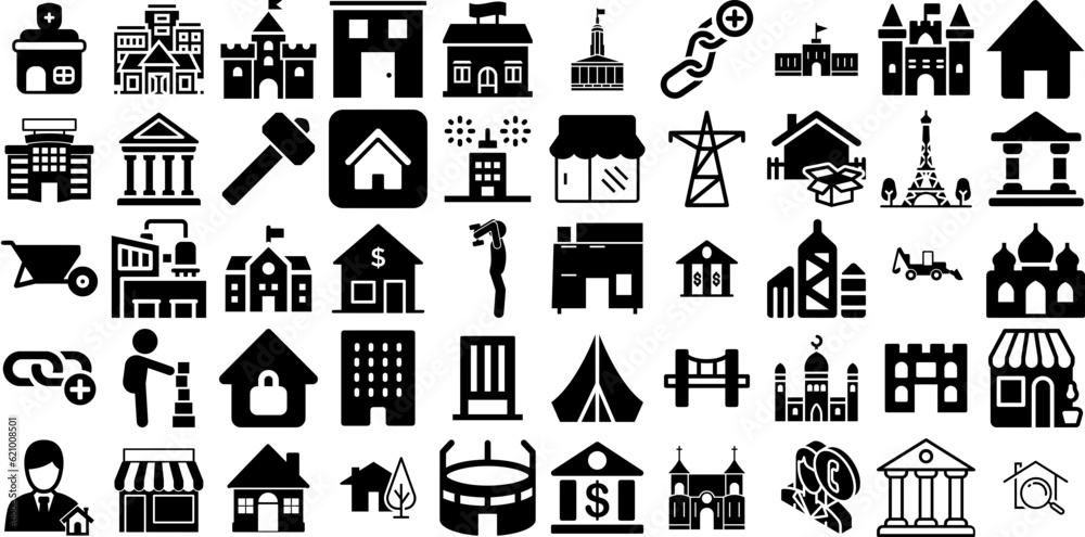 Mega Collection Of Building Icons Set Solid Modern Pictogram Heavy ...