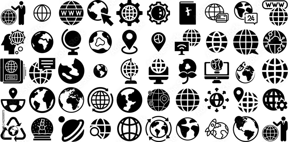 Mega Set Of Globe Icons Collection Solid Modern Web Icon Symbol, Icon ...