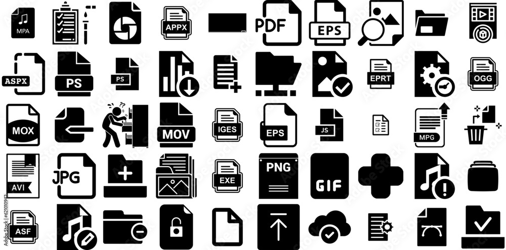 Mega Set Of File Icons Pack Hand-Drawn Solid Design Pictograms App ...
