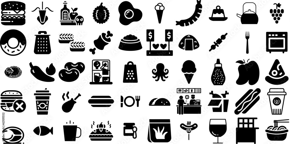 Big Collection Of Food Icons Pack Hand-Drawn Solid Cartoon Pictogram ...