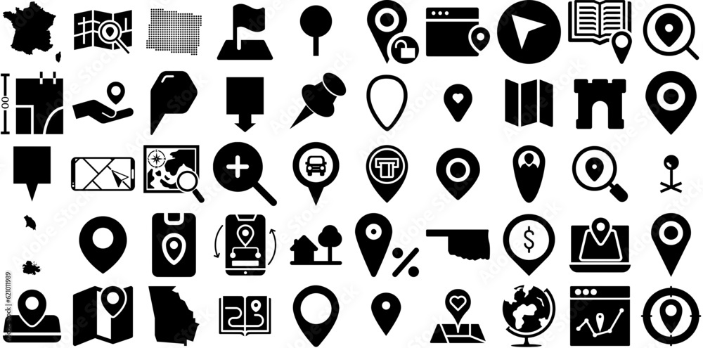 Huge Set Of Map Icons Collection Isolated Cartoon Pictograms Pointer ...