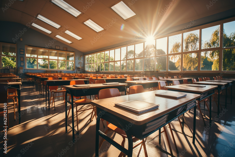 Empty classroom with sunlight streaming through the windows, casting a ...