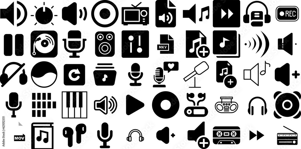 Mega Set Of Audio Icons Collection Hand-Drawn Solid Concept Silhouettes ...