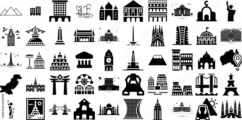 Massive Set Of Landmark Icons Pack Hand-Drawn Black Cartoon Silhouette ...