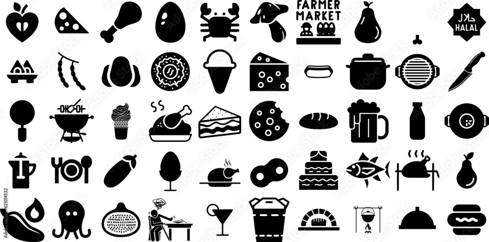 Vetor de Massive Collection Of Food Icons Set Solid Infographic ...