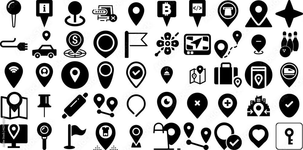 Massive Set Of Pin Icons Bundle Hand-Drawn Solid Drawing Pictograms ...