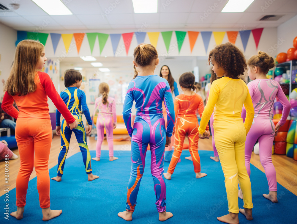 A Gymnastics Class for Young Girls with Bright Colored Leotards ...