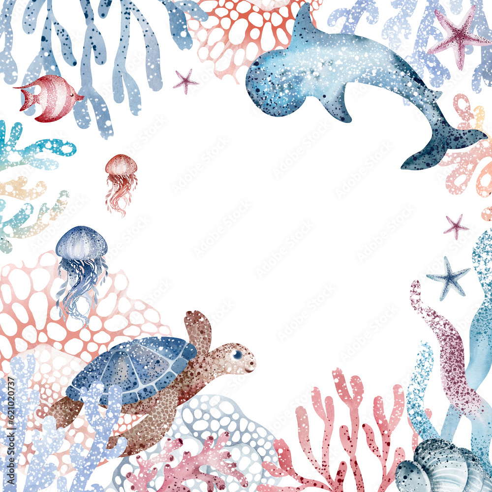 sea animals frame. Frame text space from ocean fish, turtle, whale and ...