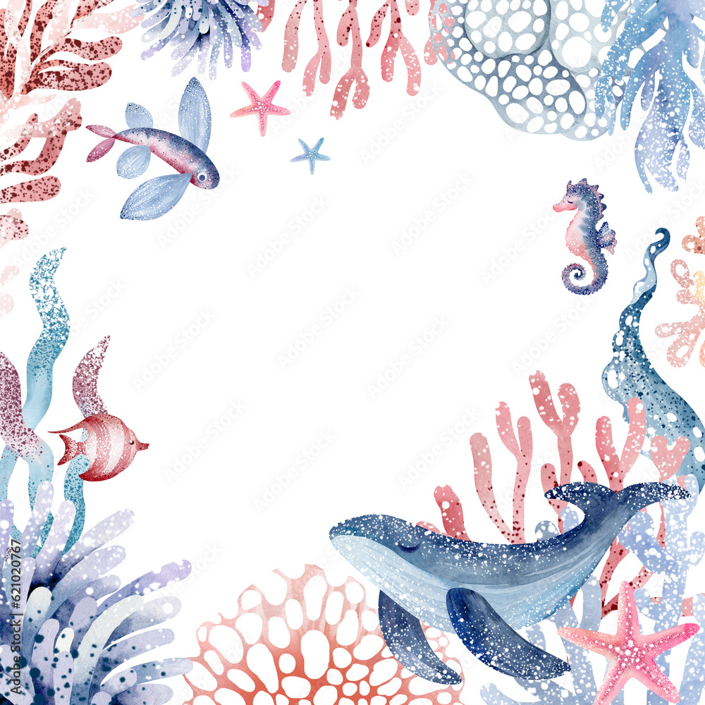 Frame with sea animals. Collection of underwater world frame templates ...