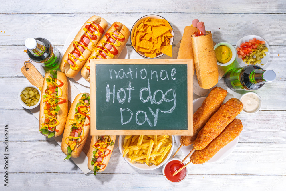 National Hot Dogs day background, hotdog summer party festival foods ...
