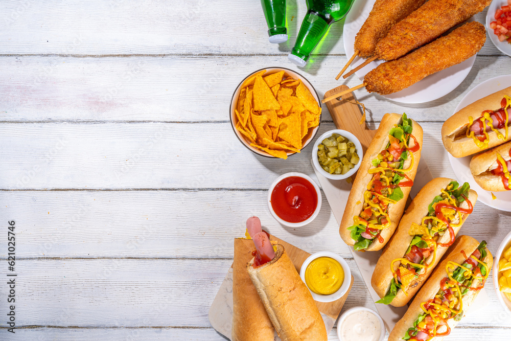 National Hot Dogs day background, hotdog summer party festival foods ...