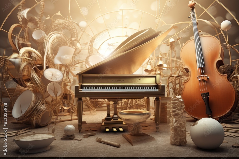 abstract scene of various musical instruments scattered in a surreal ...