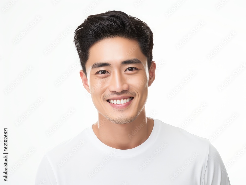 a closeup photo portrait of a handsome asian man smiling with clean ...