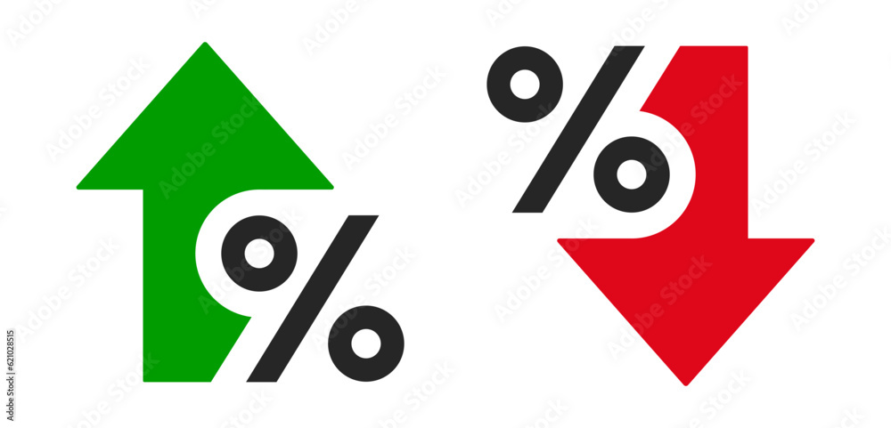 Percentage growth and decline icons. Percent arrow up and down flat ...
