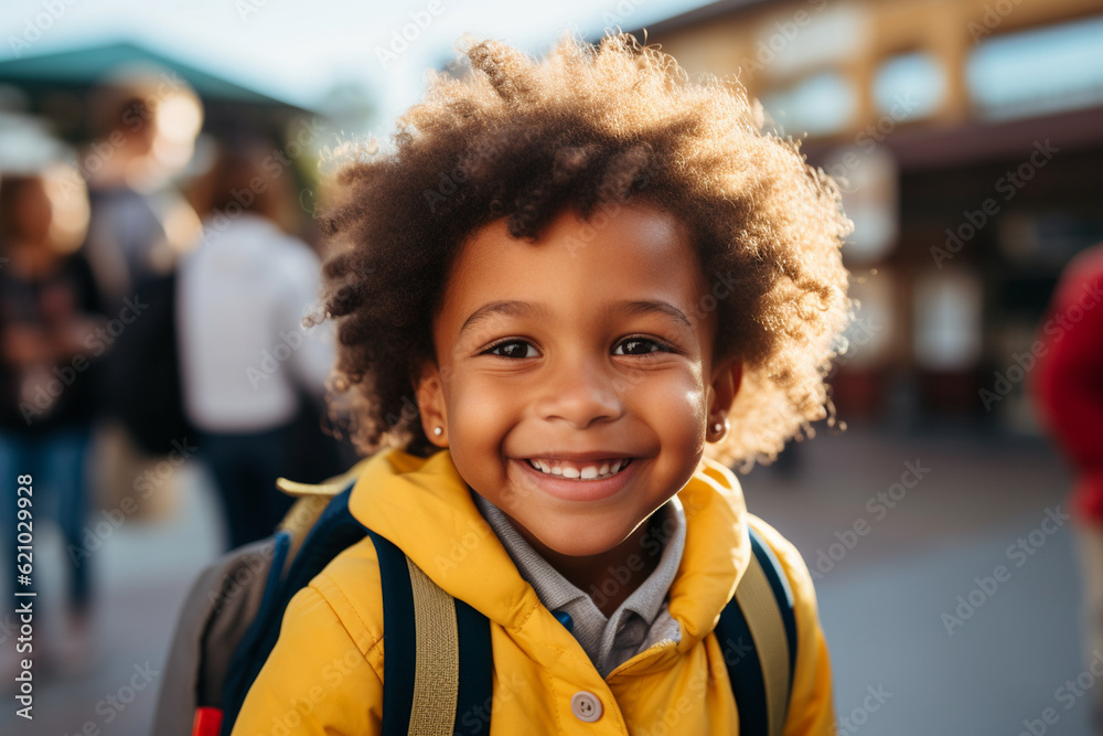 A close-up of a student's face, wearing a backpack and a wide grin ...