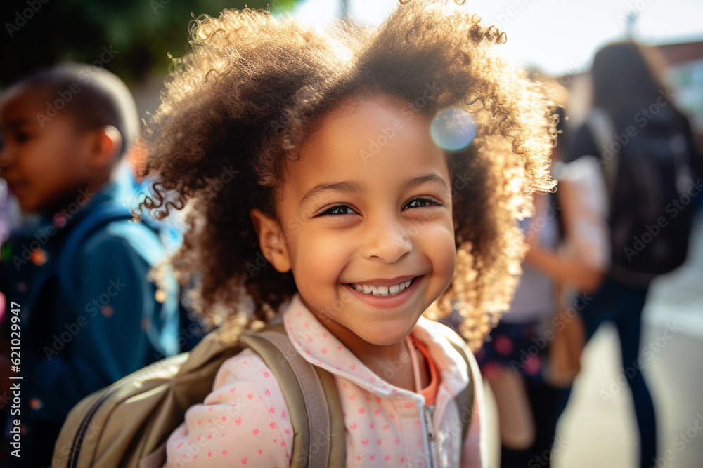 A close-up of a student's face, wearing a backpack and a wide grin ...