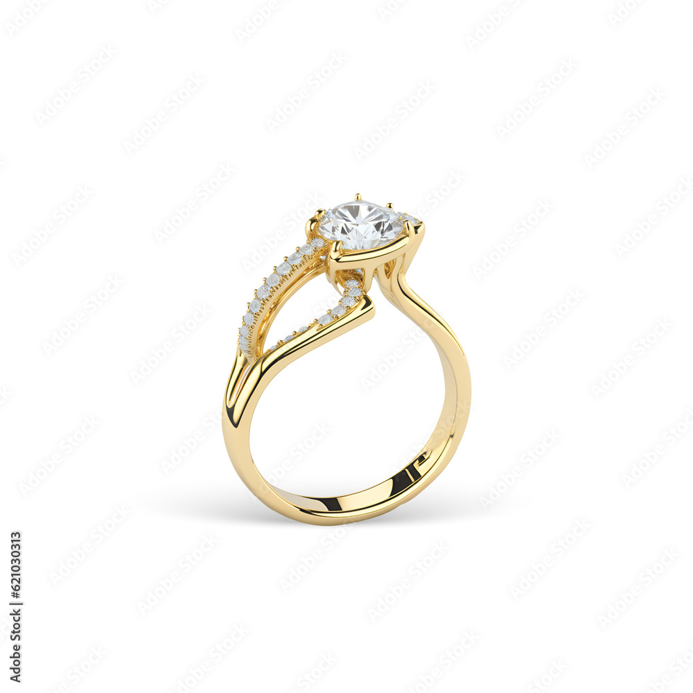 Blank gold ring with diamond mockup stand, half-turned view, 3d ...