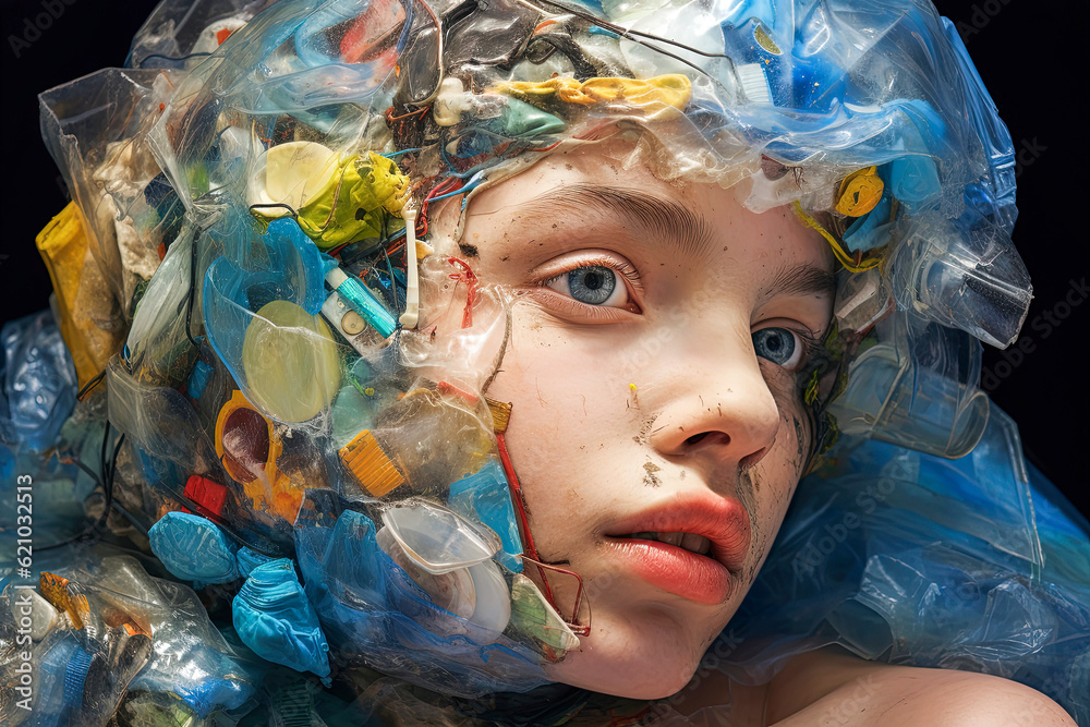 Generative AI illustration of beautiful women surrounded by garbage and ...