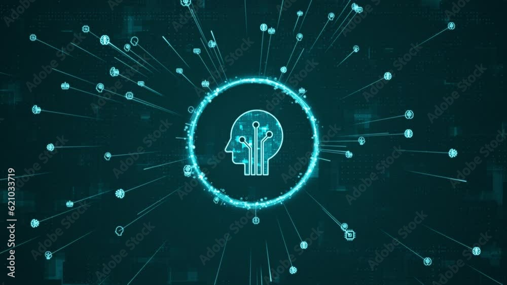 Motion graphic of Blue digital robot head logo and AI icons ring ...